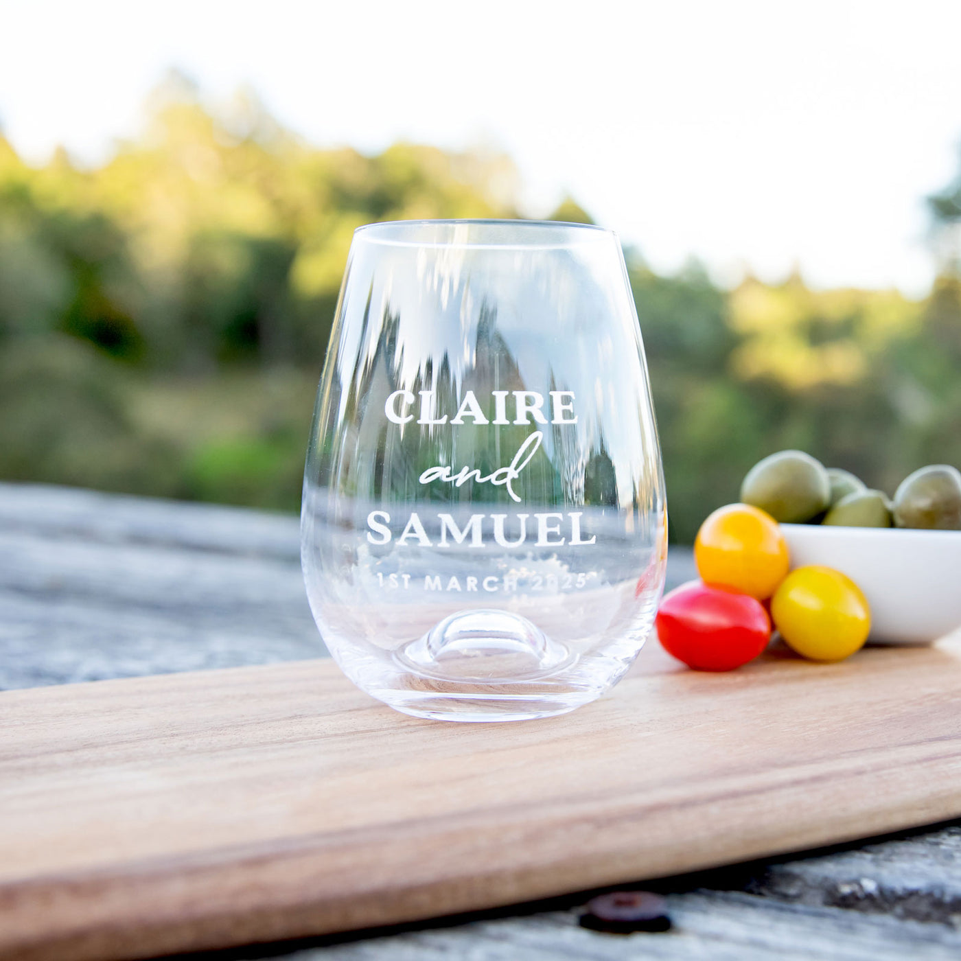 Engraved Wedding Favour 460ml Stemless Wine Glass | Personalised Favours