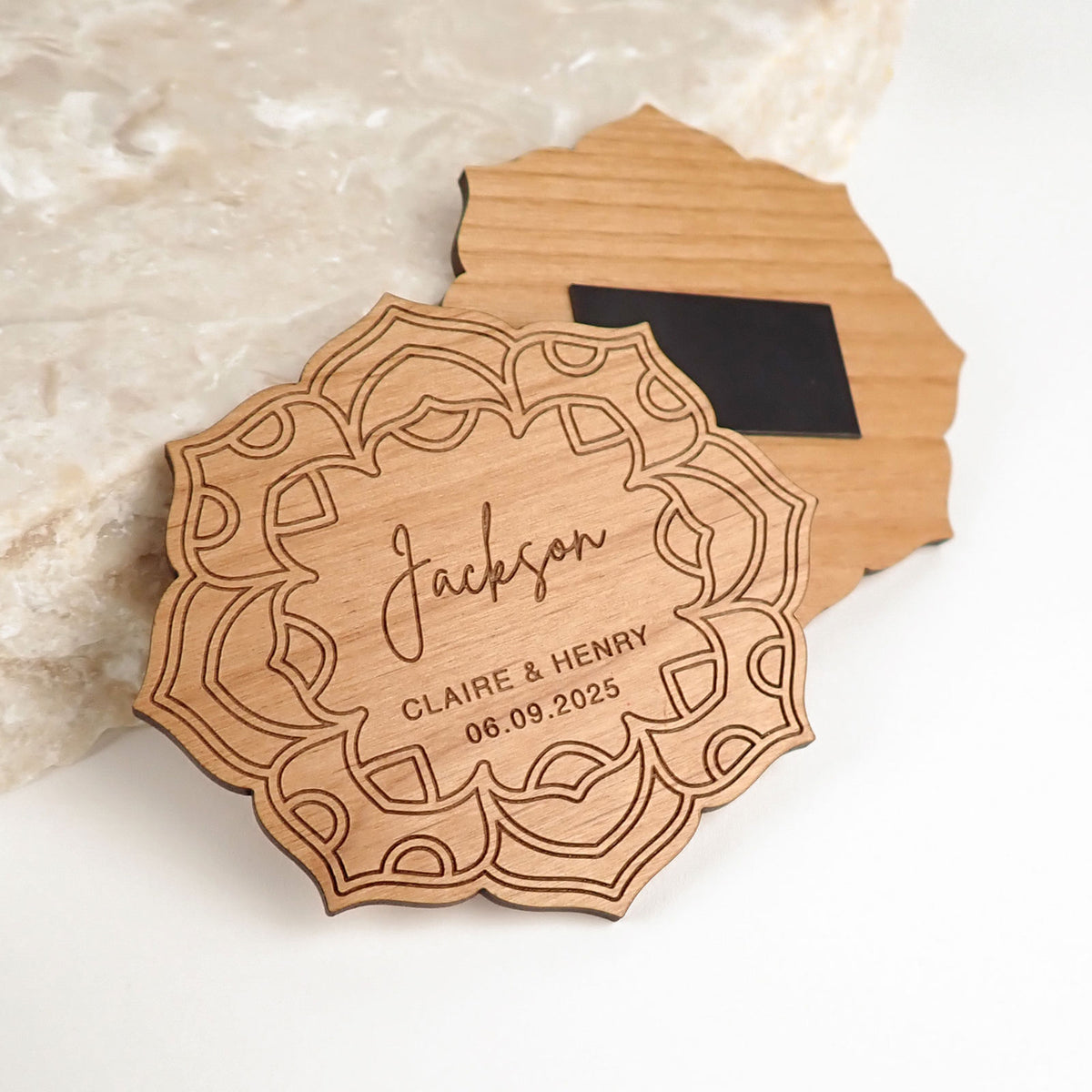 Engraved Wooden Flower Placecards with Magnet | Personalised Favours