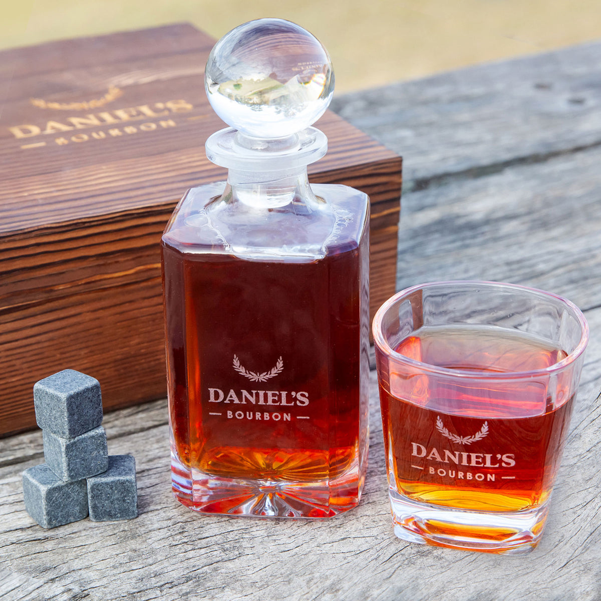 Engraved Rustic Wooden Gift Boxed Decanter Set | Personalised Favours ...