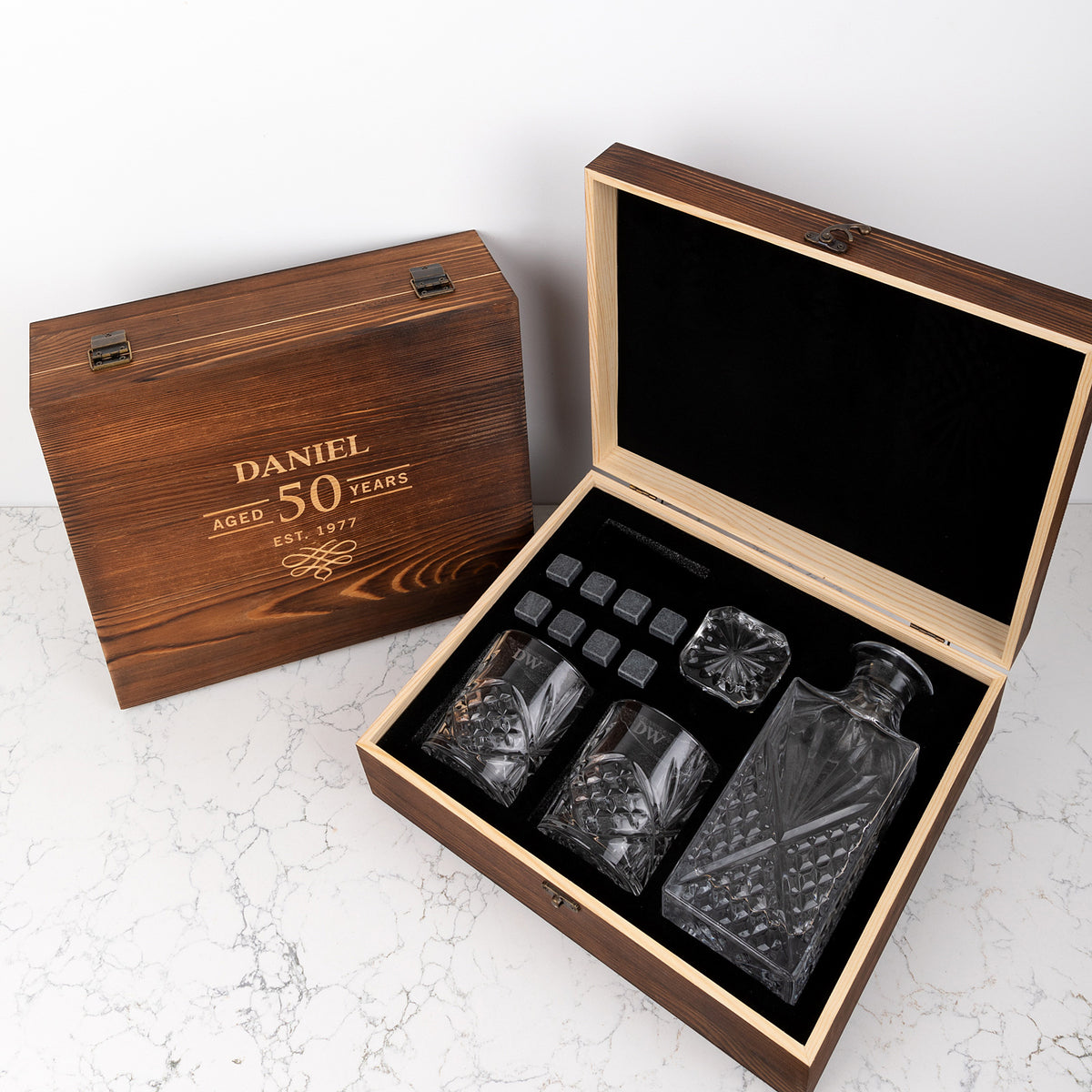 Engraved Wooden Boxed Decanter Set | Unique Birthday Gift ...