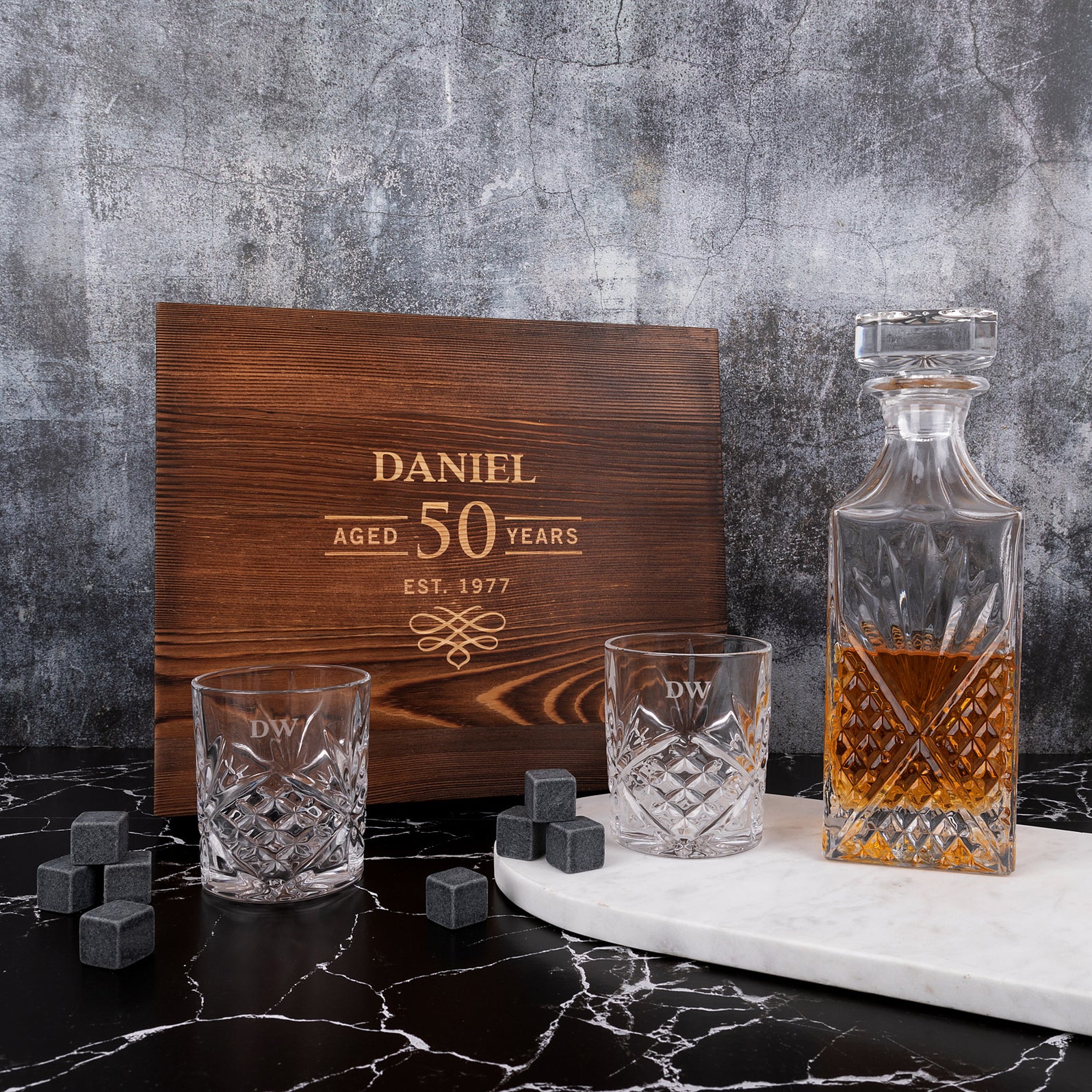 Engraved Wooden Boxed Decanter Set | Unique Birthday Gift