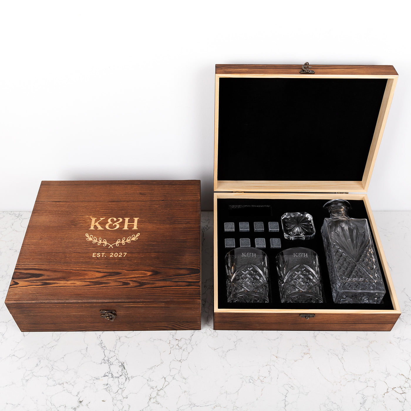 Engraved Wooden Boxed Decanter Set | Unique Wedding Gift