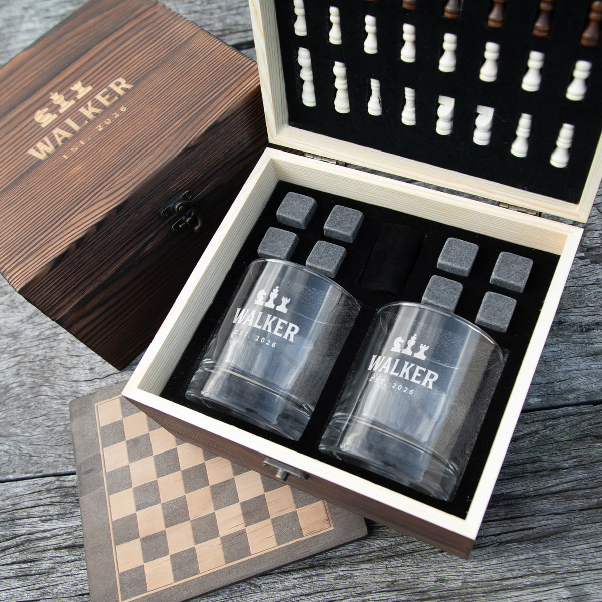 Personalised Wooden Gift Boxed Chess Scotch Glass Set | Personalised ...