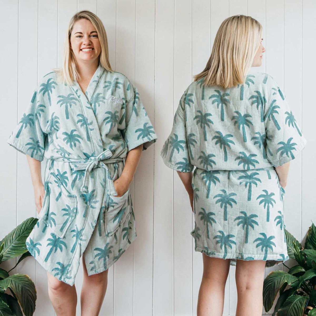 Embroidered Palm Tree Short Sleeve Beach Robe - Surf | Personalised Favours