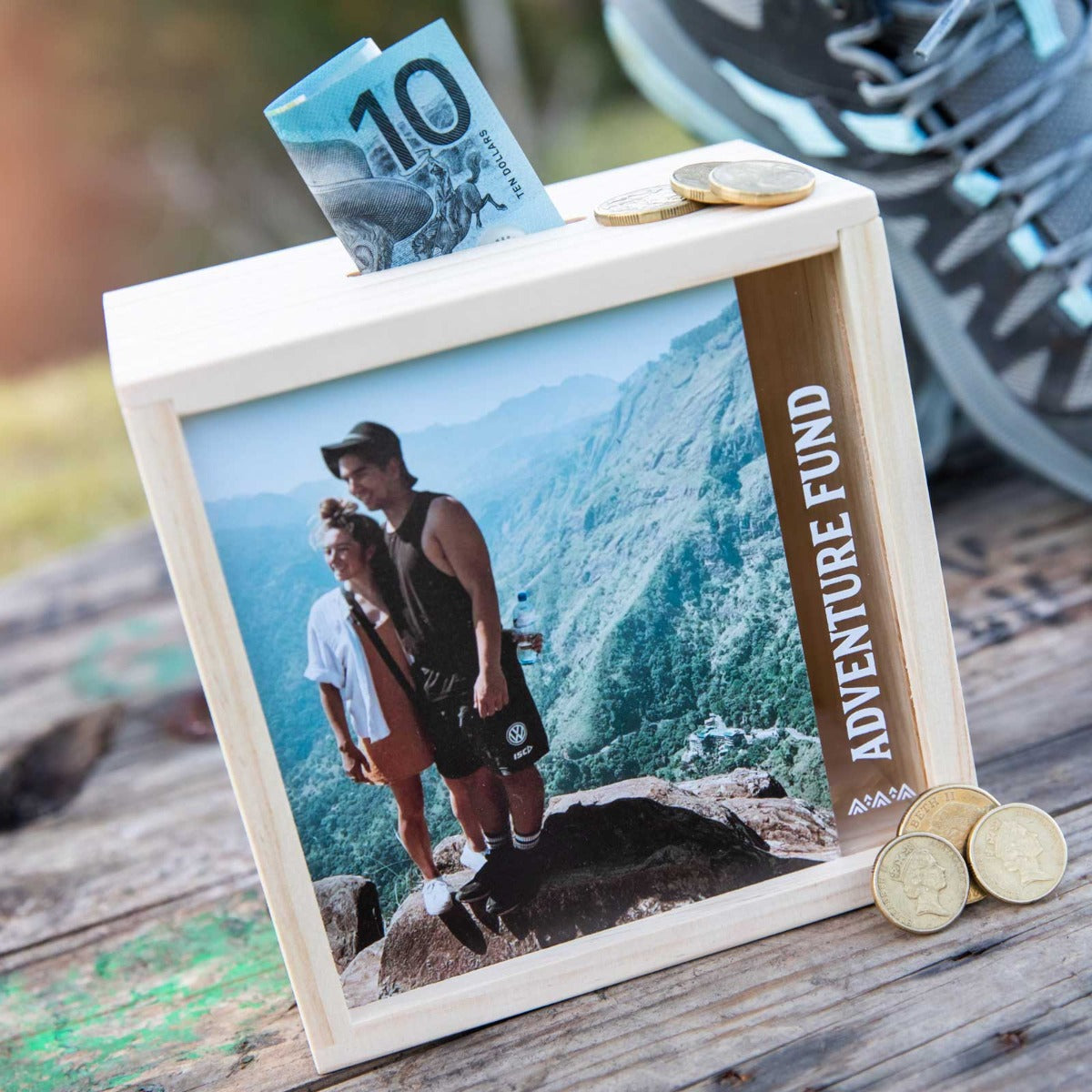 Photo Printed Adventure Fund Wooden Money Box | Personalised Favours