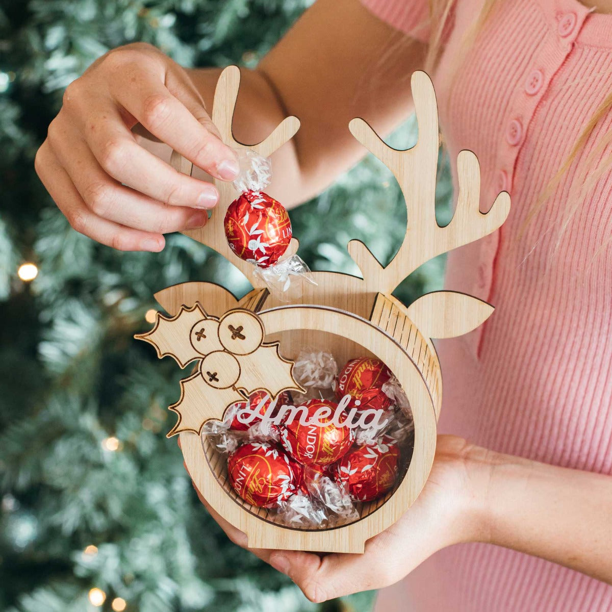 Engraved Wooden Reindeer Christmas Decoration Treat Box | Personalised ...